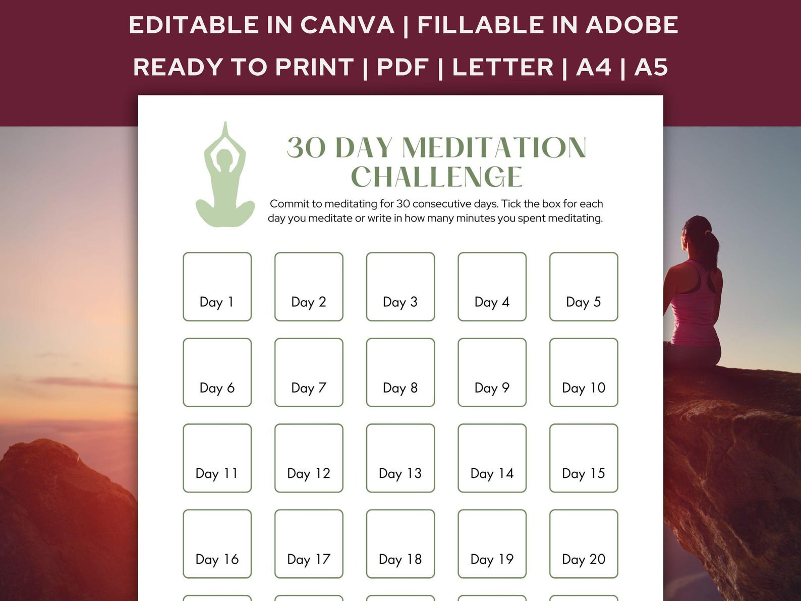 Editable Meditation Tracker Printable Self Care Tracker Daily ...