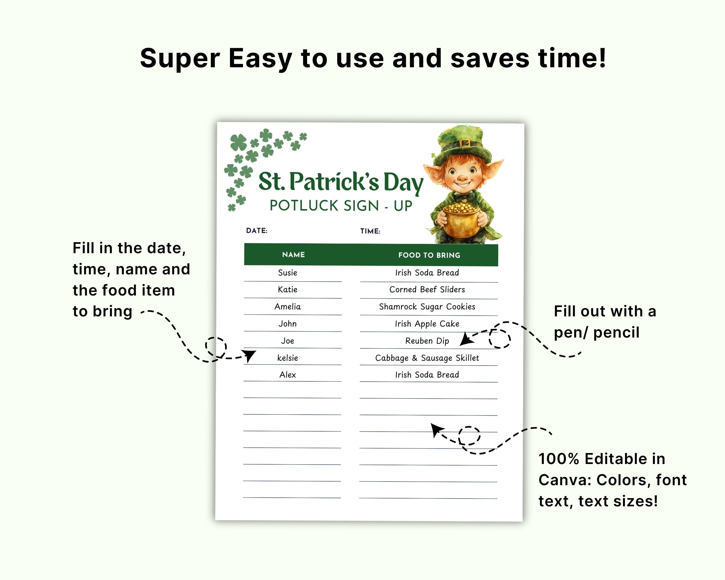 Editable Potluck Sign up Sheet Printable for St Patricks Day Irish ...