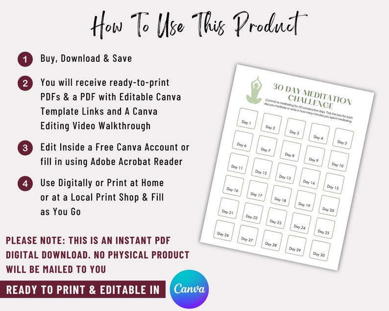 Editable Meditation Tracker Printable Self Care Tracker Daily ...