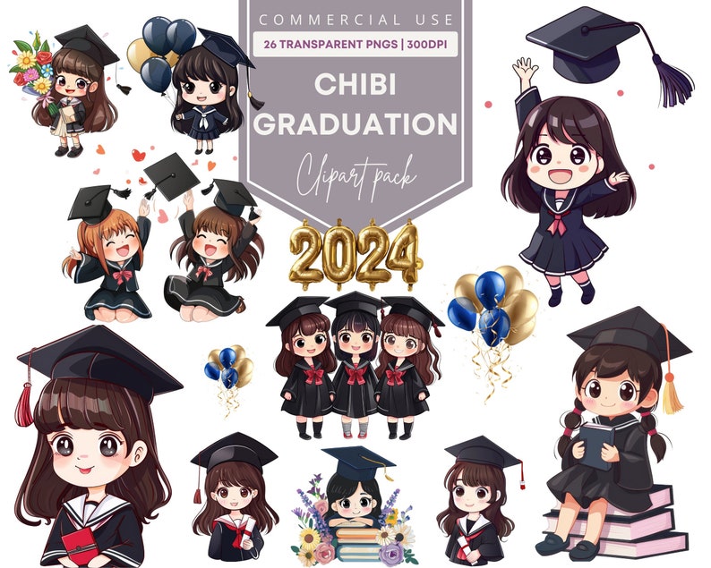 Chibi Graduation Clipart Chibi Style PNG Graduation Balloons Chibi Doll ...