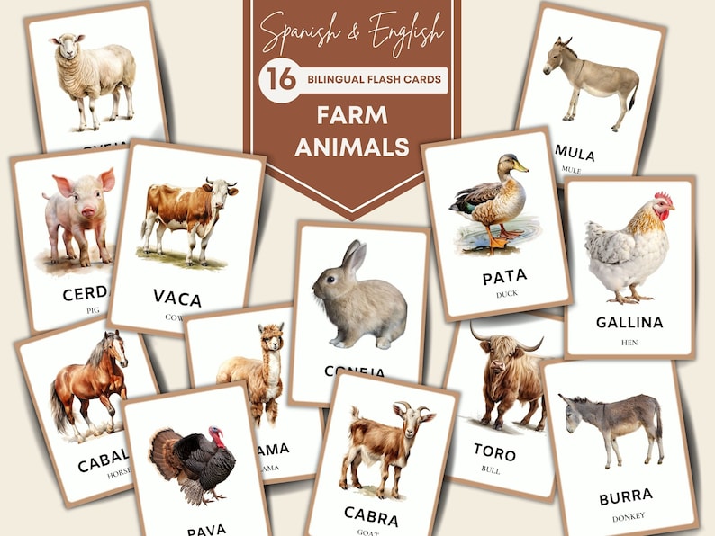 16 Farm Animals Cards Montessori Flash Cards Animal Pre-school Cards ...