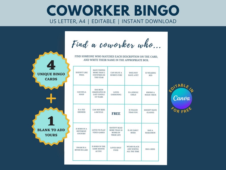 Coworker Bingo, Team Building Bingo, Employee Favorites, Editable ...