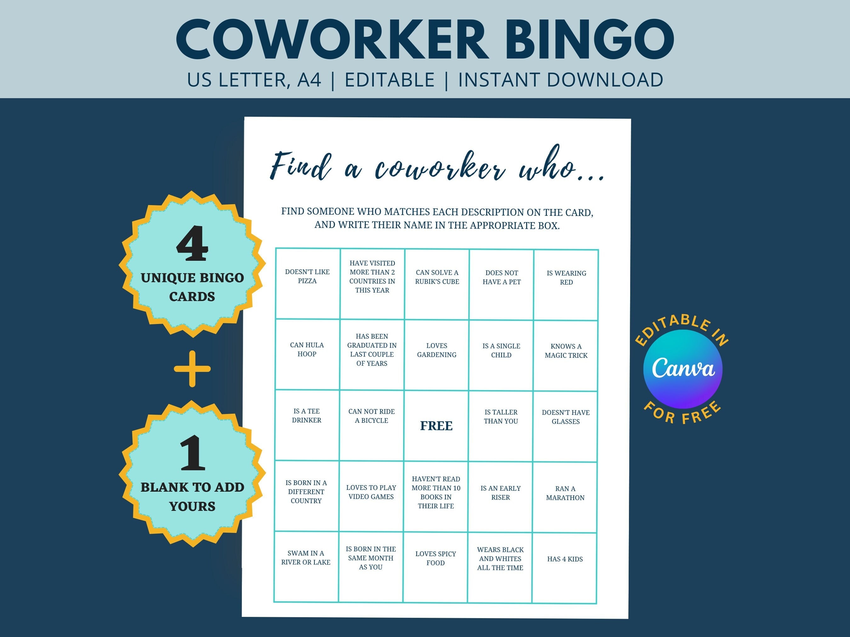 Coworker Bingo, Team Building Bingo, Employee Favorites, Editable ...