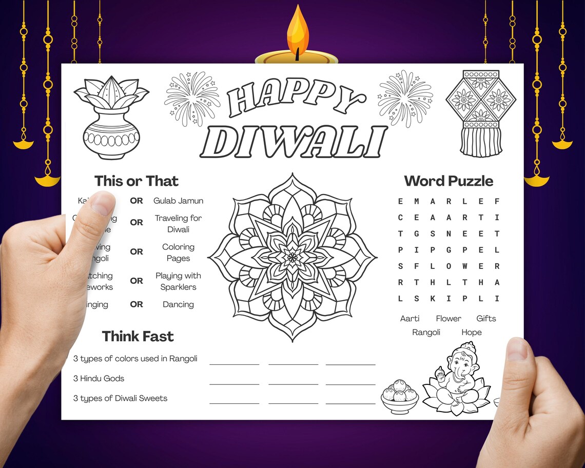 Diwali Coloring Activity Sheet, Printable Diwali Activity for Kids ...