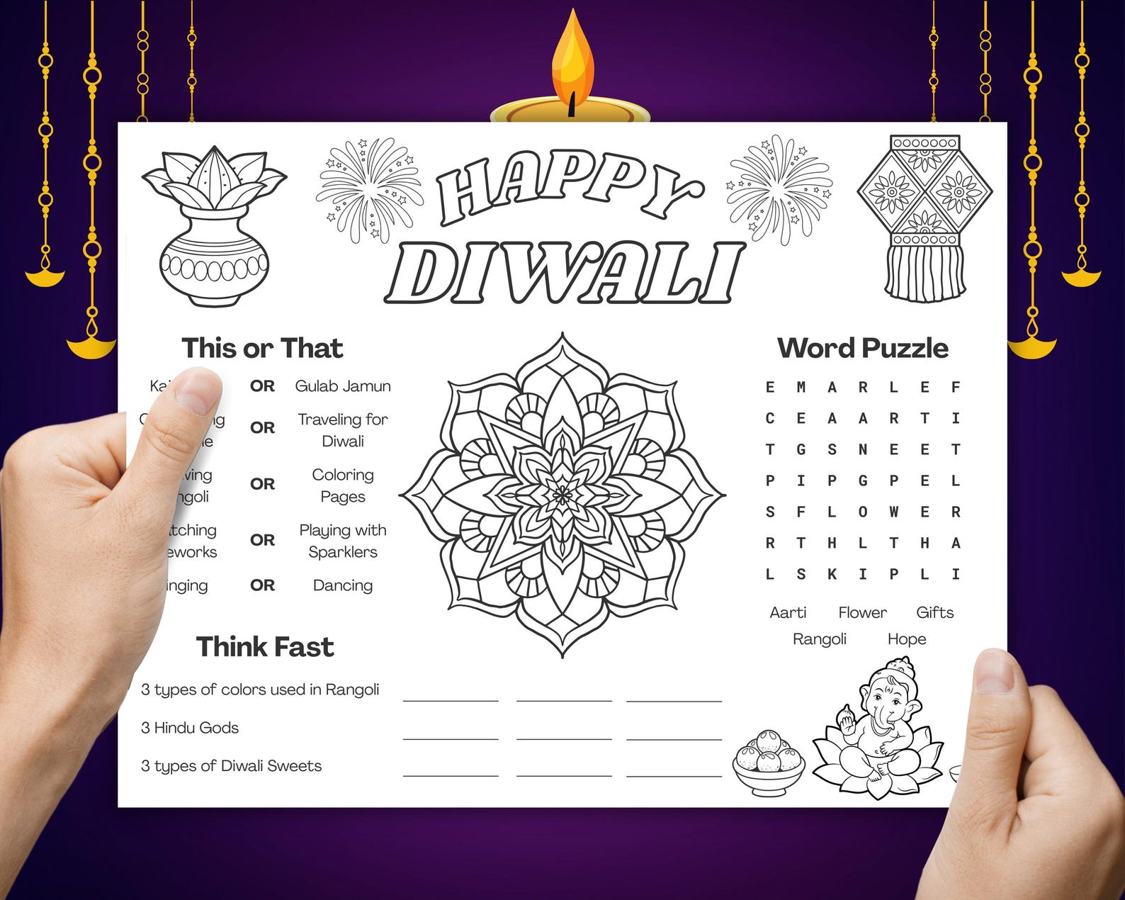 Diwali Coloring Activity Sheet, Printable Diwali Activity for Kids ...