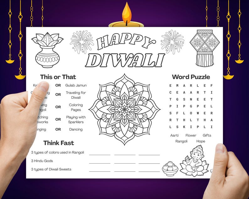 Diwali Coloring Activity Sheet, Printable Diwali Activity for Kids ...