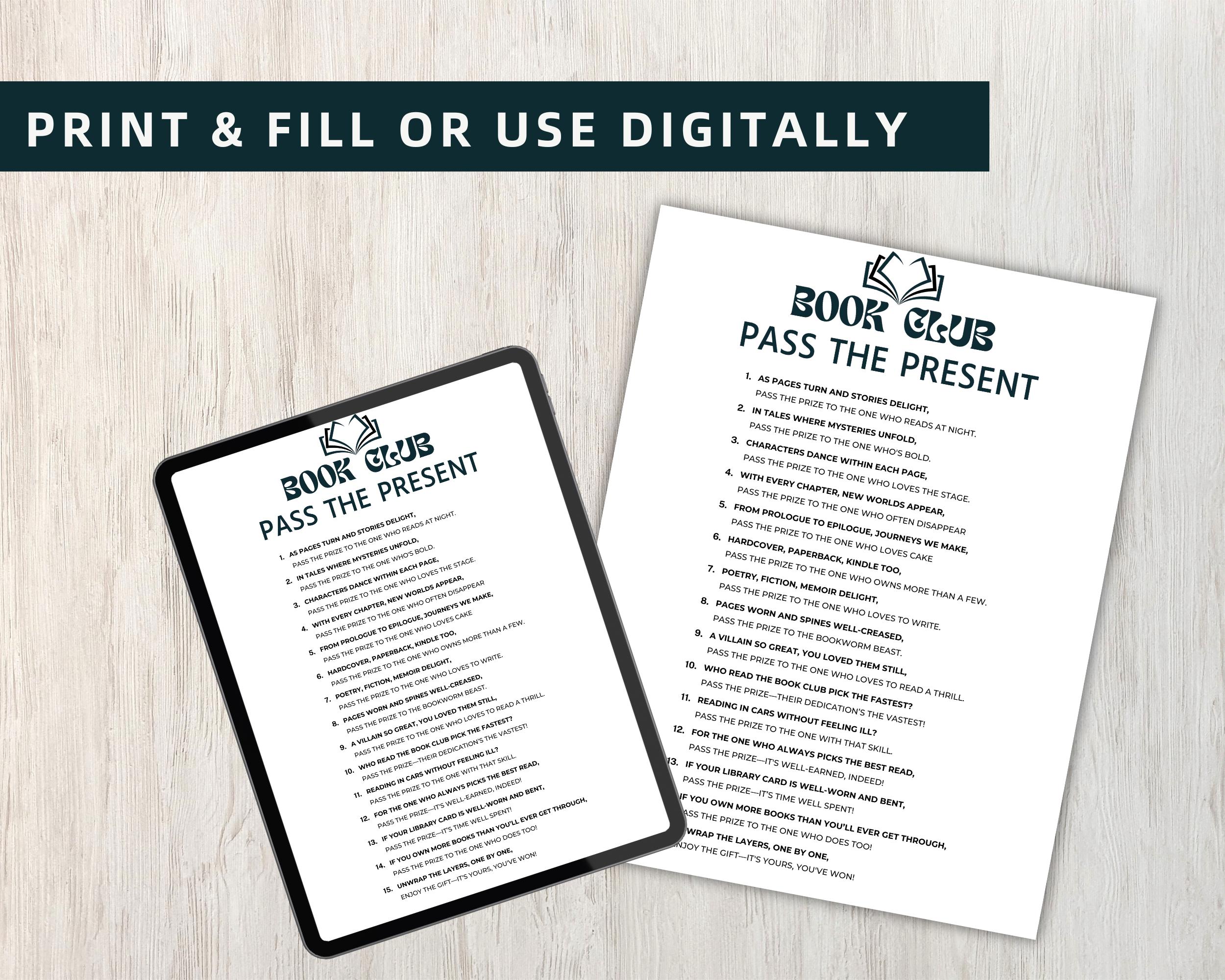 Book Club Games, Reading Group Pass the Book Game, Book Club Game Book ...