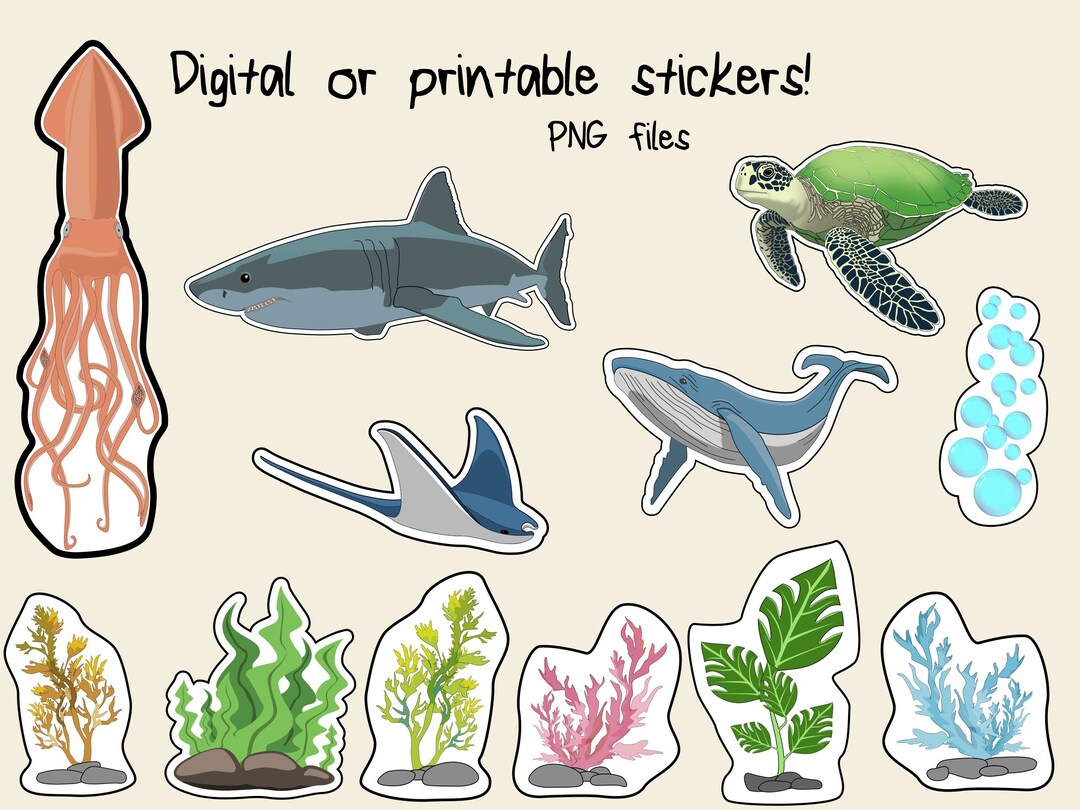 Printable Sealife Sticker Set Digital Sea Animal and Seaweed Stickers ...