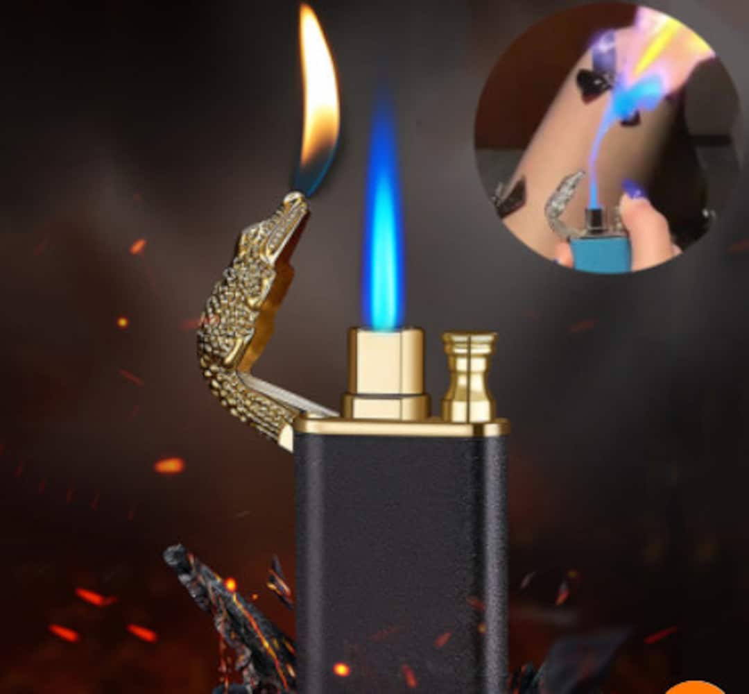 Blue Flame Gold Dragon Tiger Lighter Dual Jet Windproof Metal Novelty ...