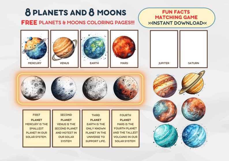 Solar System PDF Printable Cards, Planets and Moons, Flash Cards ...