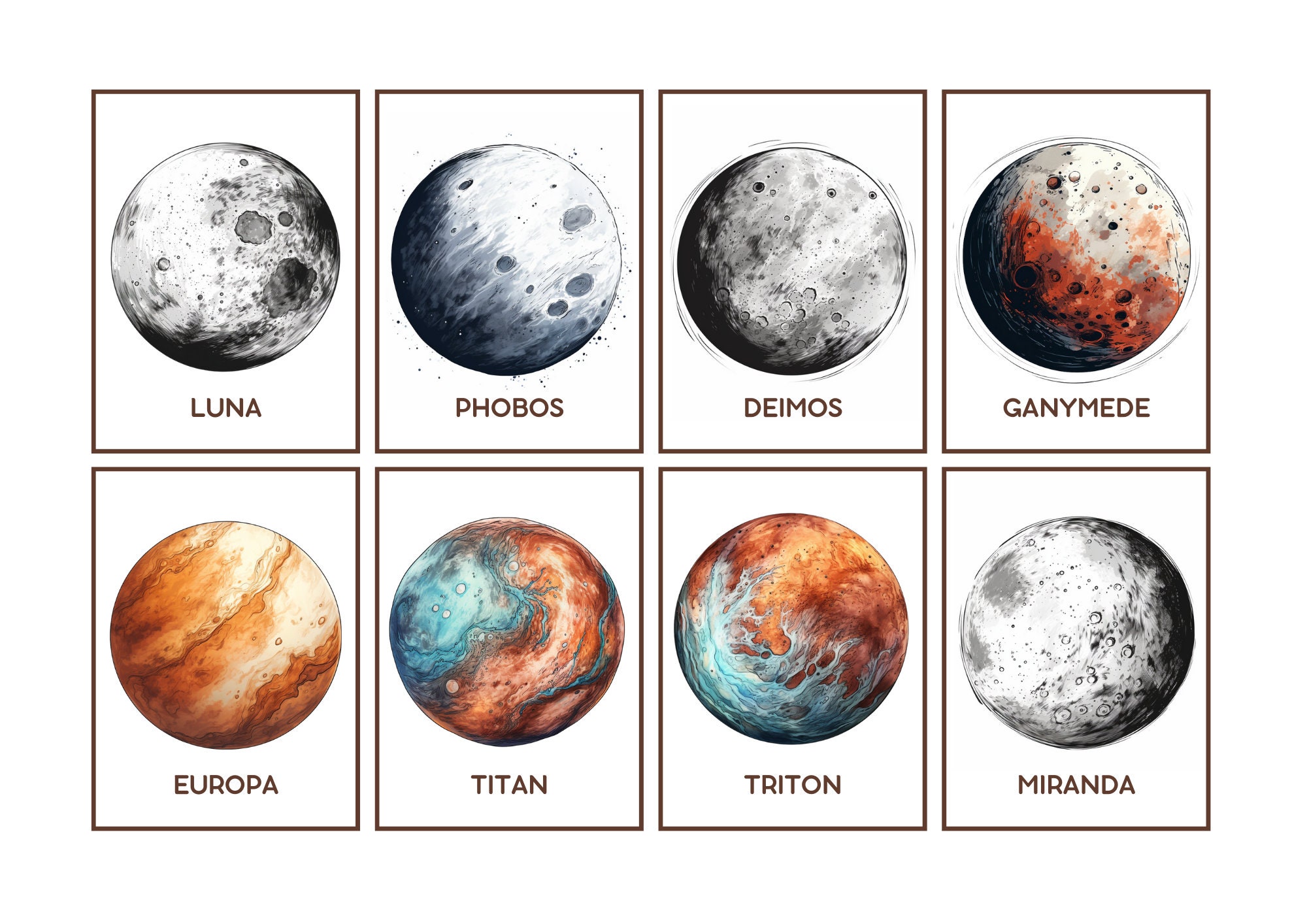 Solar System PDF Printable Cards, Planets and Moons, Flash Cards ...