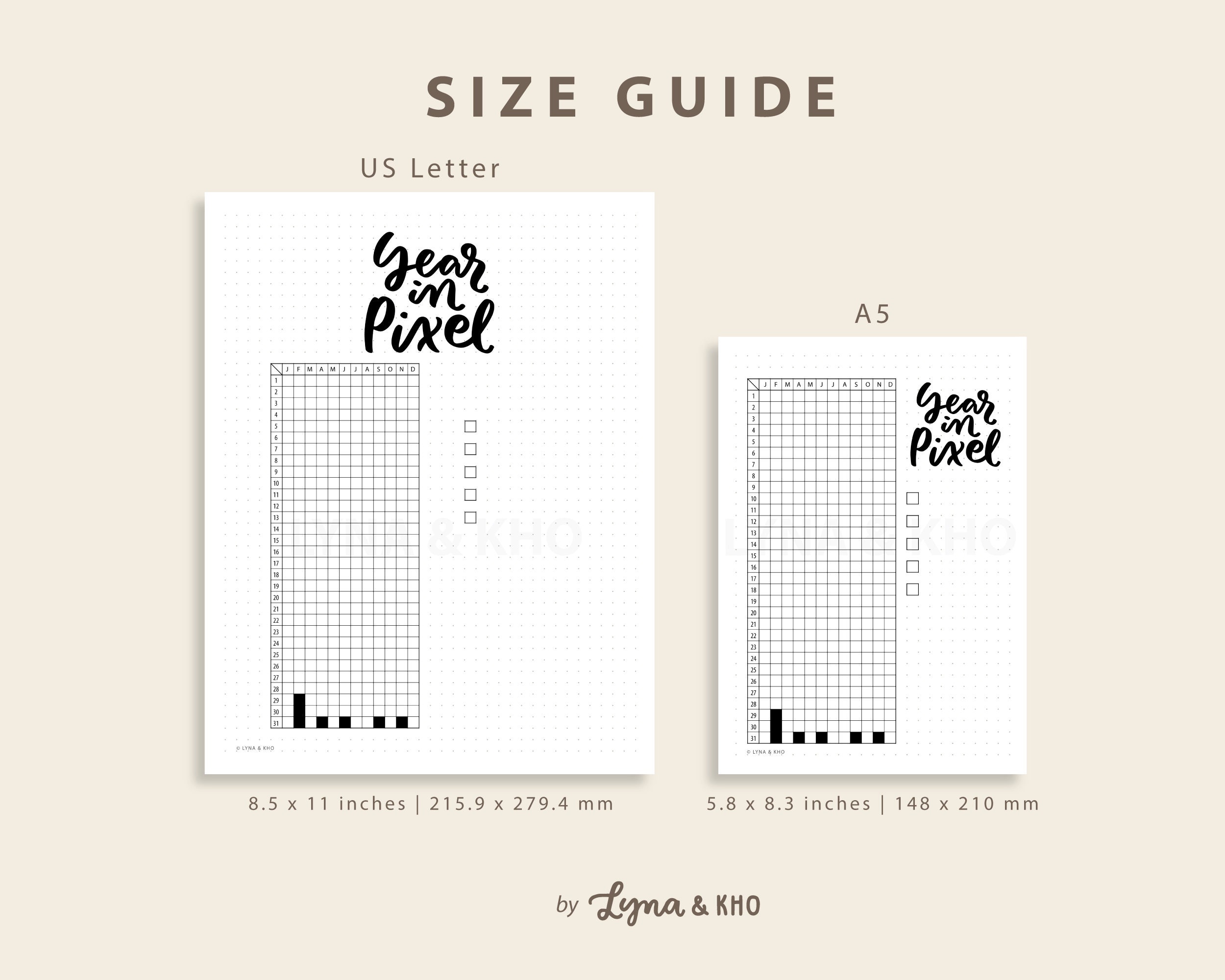 Year in Pixel Printable Premade Bullet Dot Journal Yearly Tracker Page ...