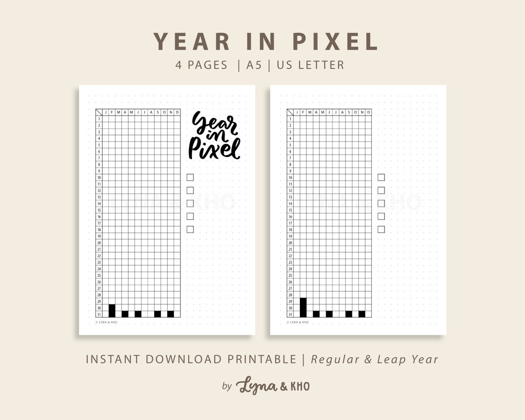 Year in Pixel Printable Premade Bullet Dot Journal Yearly Tracker Page ...
