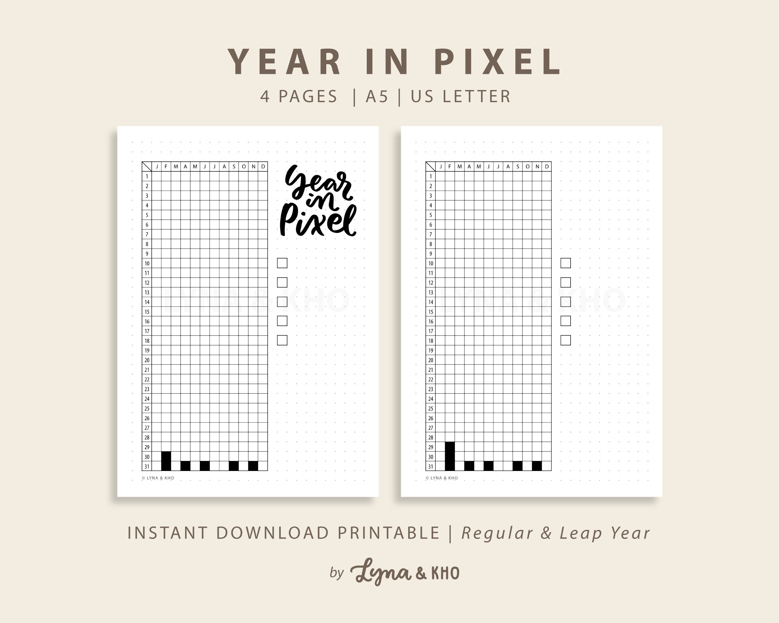 Year in Pixel Printable Premade Bullet Dot Journal Yearly Tracker Page ...