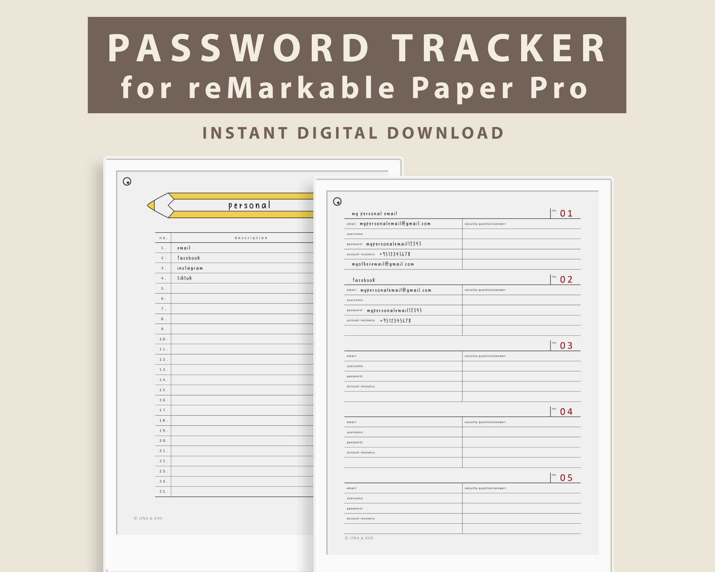 Password Tracker for Remarkable Paper Pro, A Convenient Way to Track ...