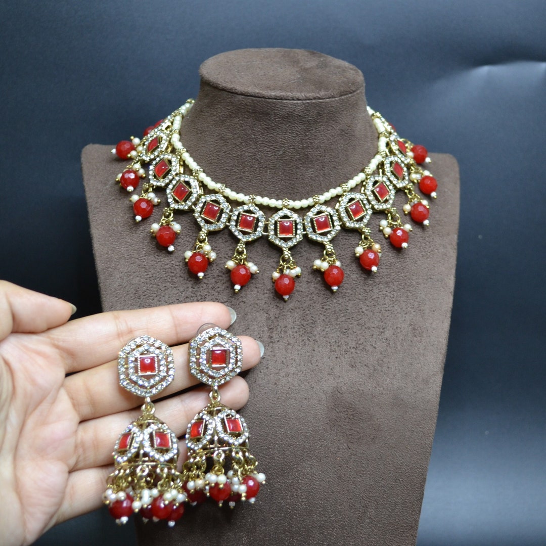 Red Color Indian Jewelry Fashion Handmade Necklace Earrings Tikka ...