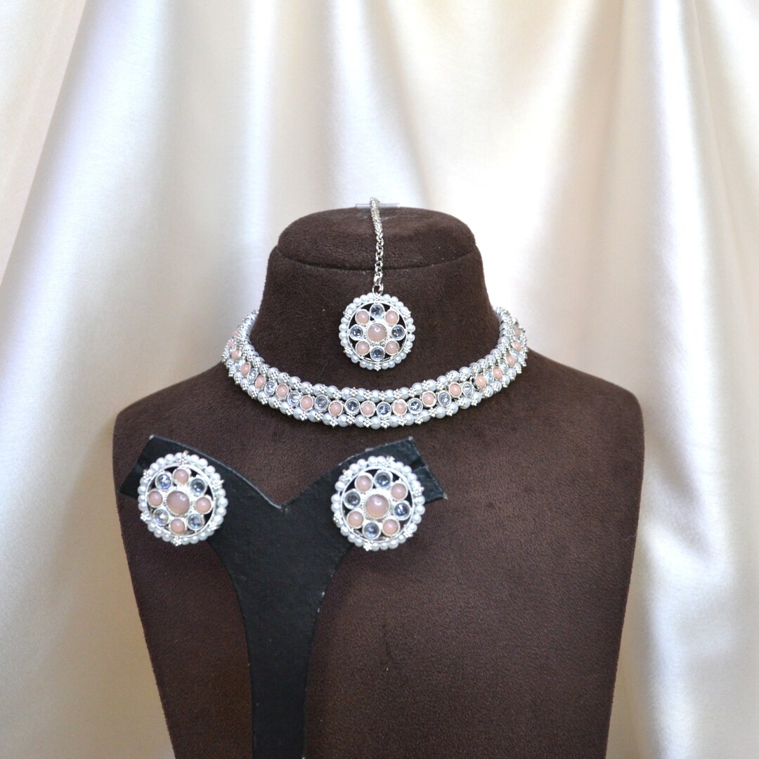 Peach Color Indian Jewelry Set Silver Polish Delicate Choker Necklace ...