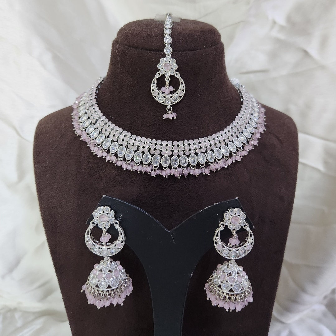 Baby Pink Jewelry Set Indian Silver Polish Punjabi Handmade Jewellery ...