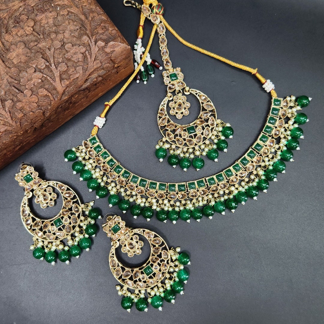 Green Color Indian Jewelry Set | Bridal Wedding Necklace Earrings Tikka ...