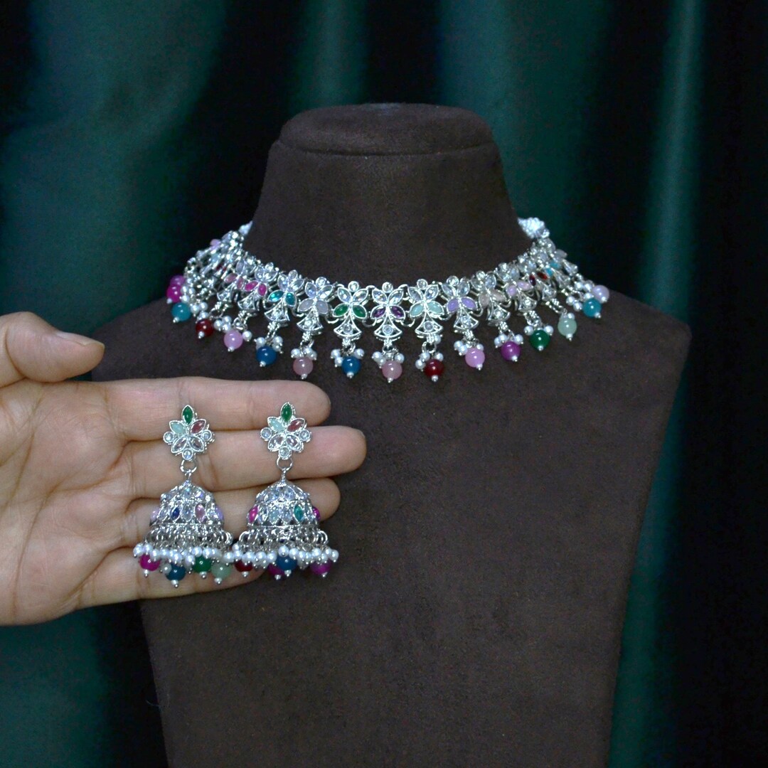 Multi Color Necklace Set Silver Polish Indian Bollywood Fashion ...