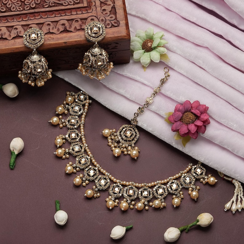 Champagne Color Indian Jewelry Set: Handmade Bridal Necklace Earrings ...