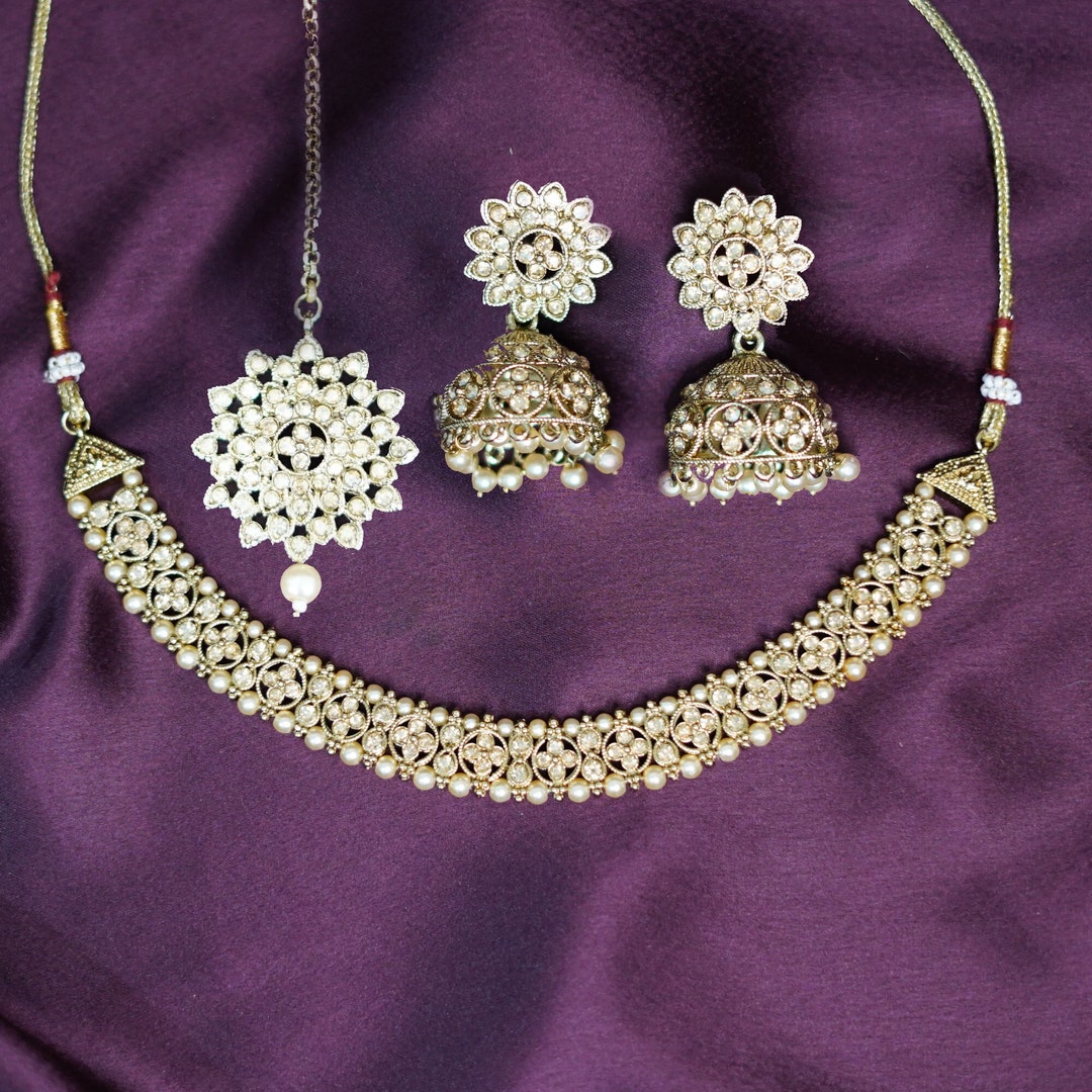 Champagne Pearl Indian Jewelry Set: Bollywood Necklace, Earrings, Tikka ...