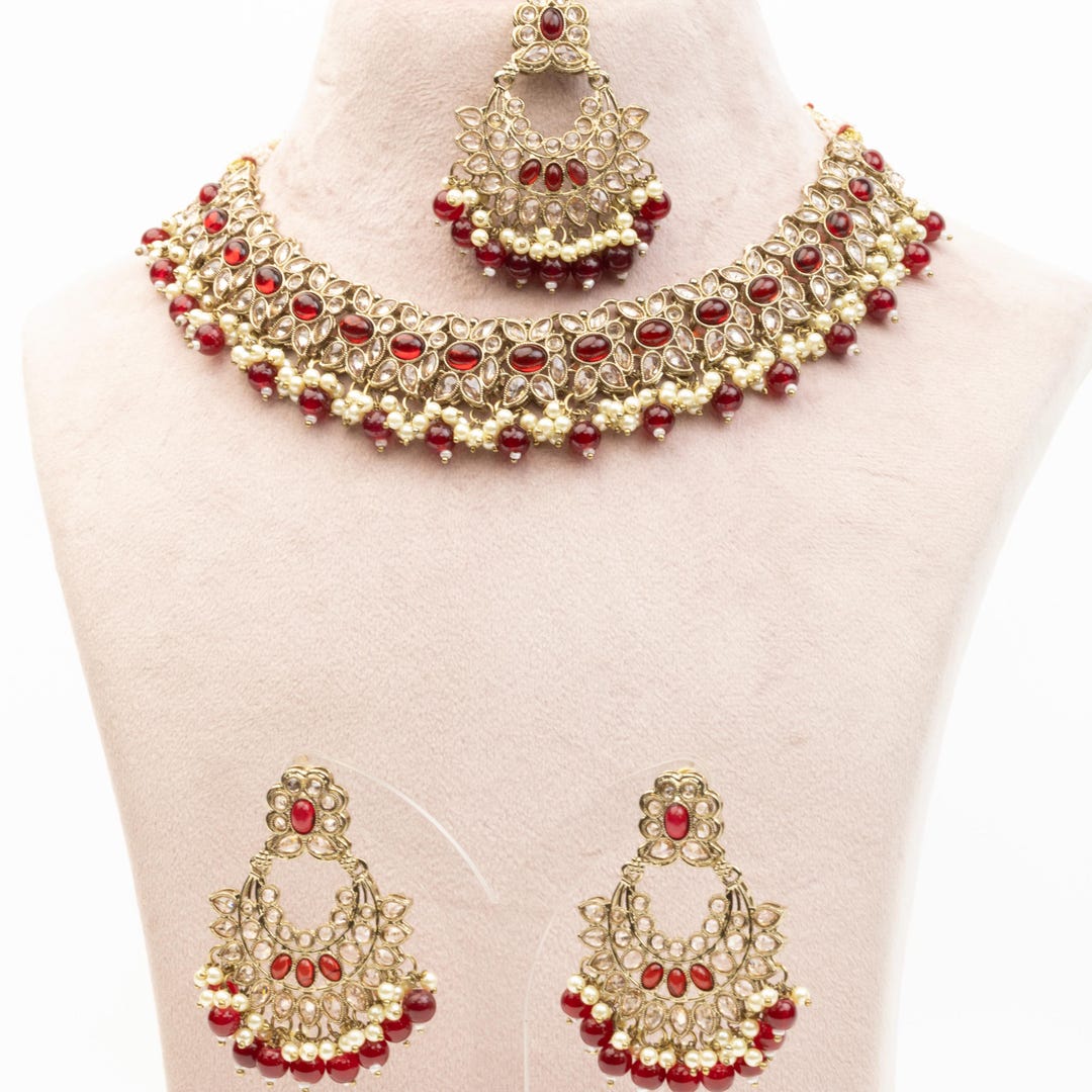 Dark Red Indian Jewelry Set: Necklace, Earrings, Maang Tikka - Etsy