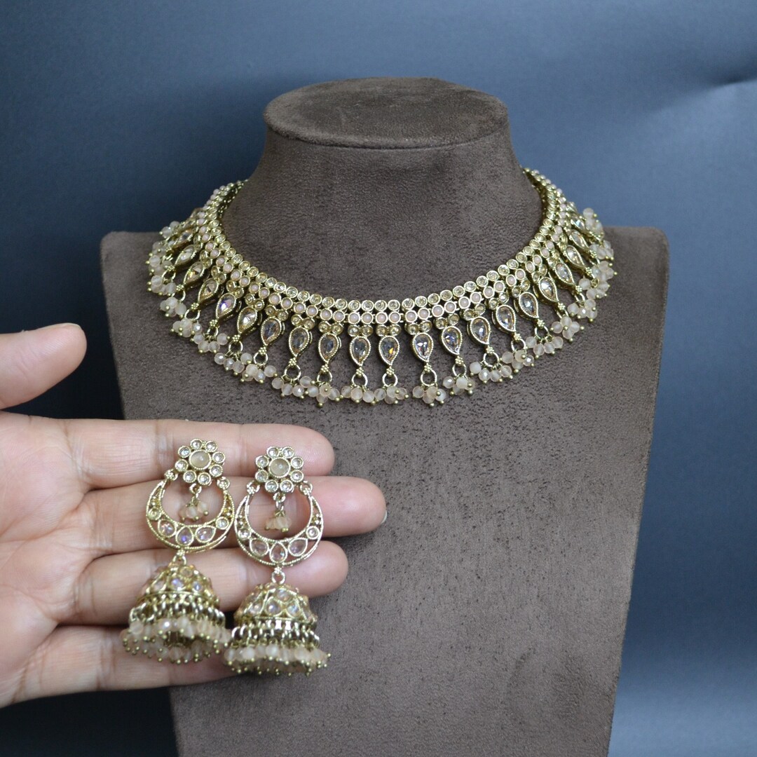 Beige Bollywood Jewelry Set: Brass Necklace, Earrings & Tikka - Etsy