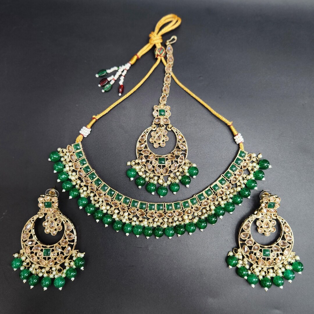 Green Color Indian Bollywood Asian Jewelry Set Ethnic Bridal Wedding ...