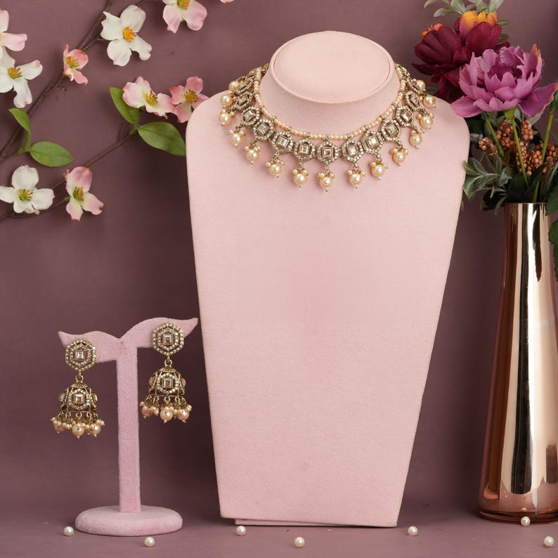 Champagne Color Indian Jewelry Set: Handmade Bridal Necklace Earrings ...