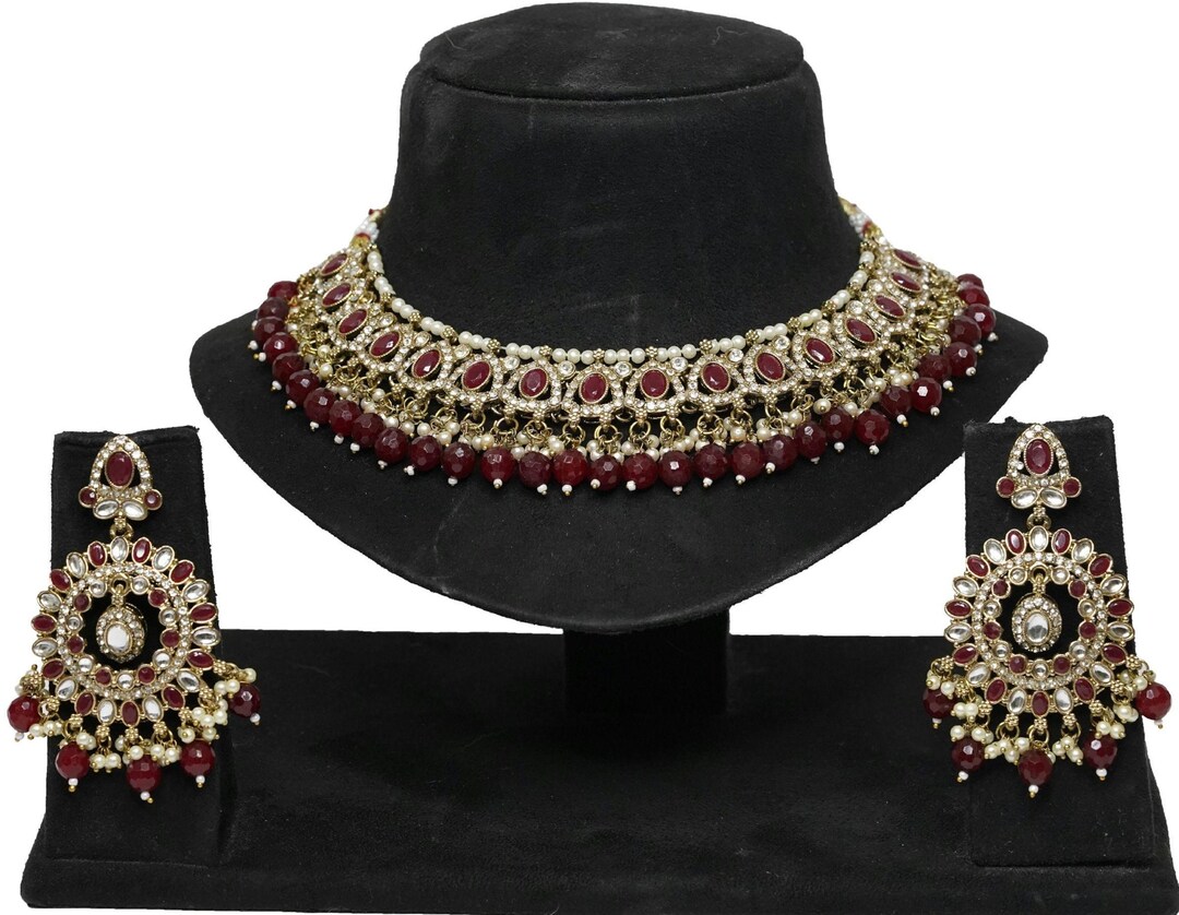 Maroon Indian Bridal Jewelry Set: Handmade Necklace, Earrings & Tikka ...