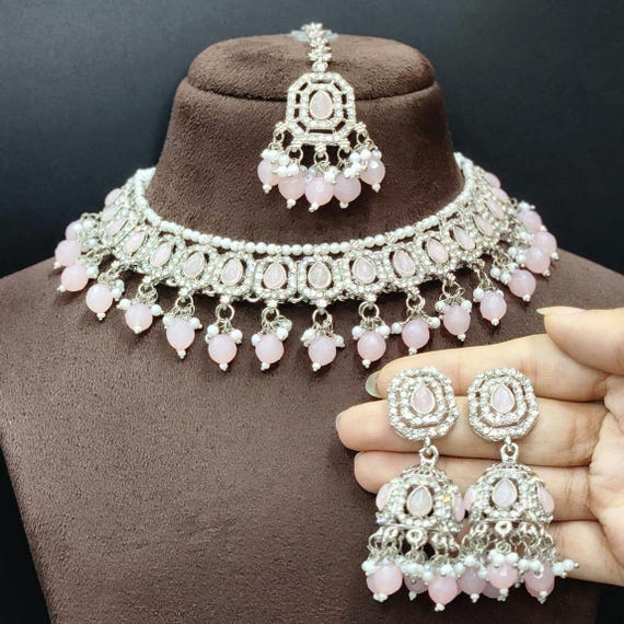 Baby Pink Silver Polish Jewelry Set Indian Bollywood Jewellery Set Bridal Wedding Party Wear Fashion Necklace Earring Tikka Set for Women Etsy