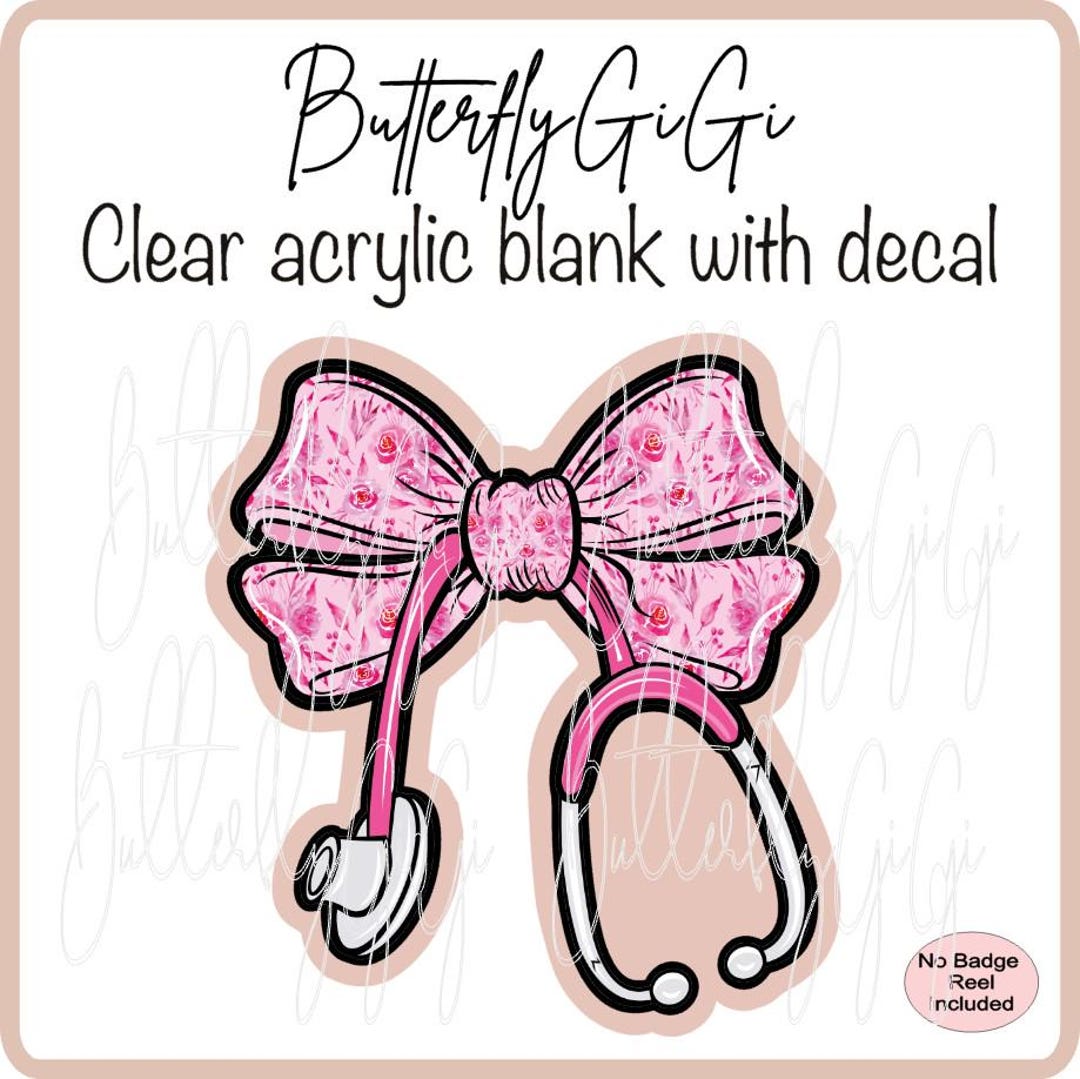 Pink Floral Stethoscope Bow Acrylic Blank and Decal I Badge Reel Supply ...