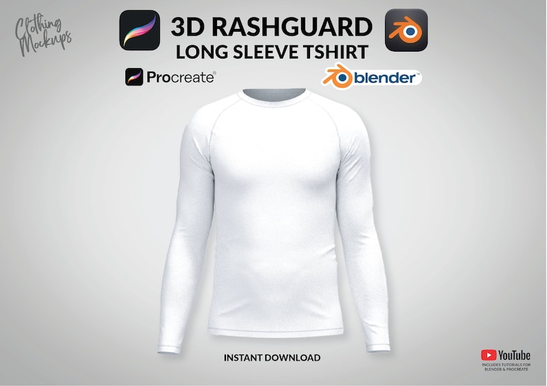 3D Rashguard Tshirt Mockup Procreate Blender Long Sleeve Raglan Sleeves ...