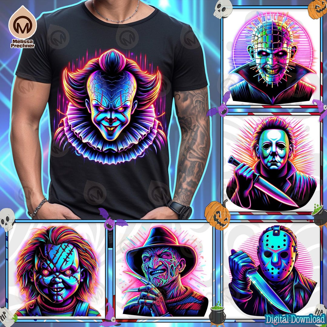 6 Designs Horror Spooky Png, Neon Color Designs, Horror Clipart, Horror ...