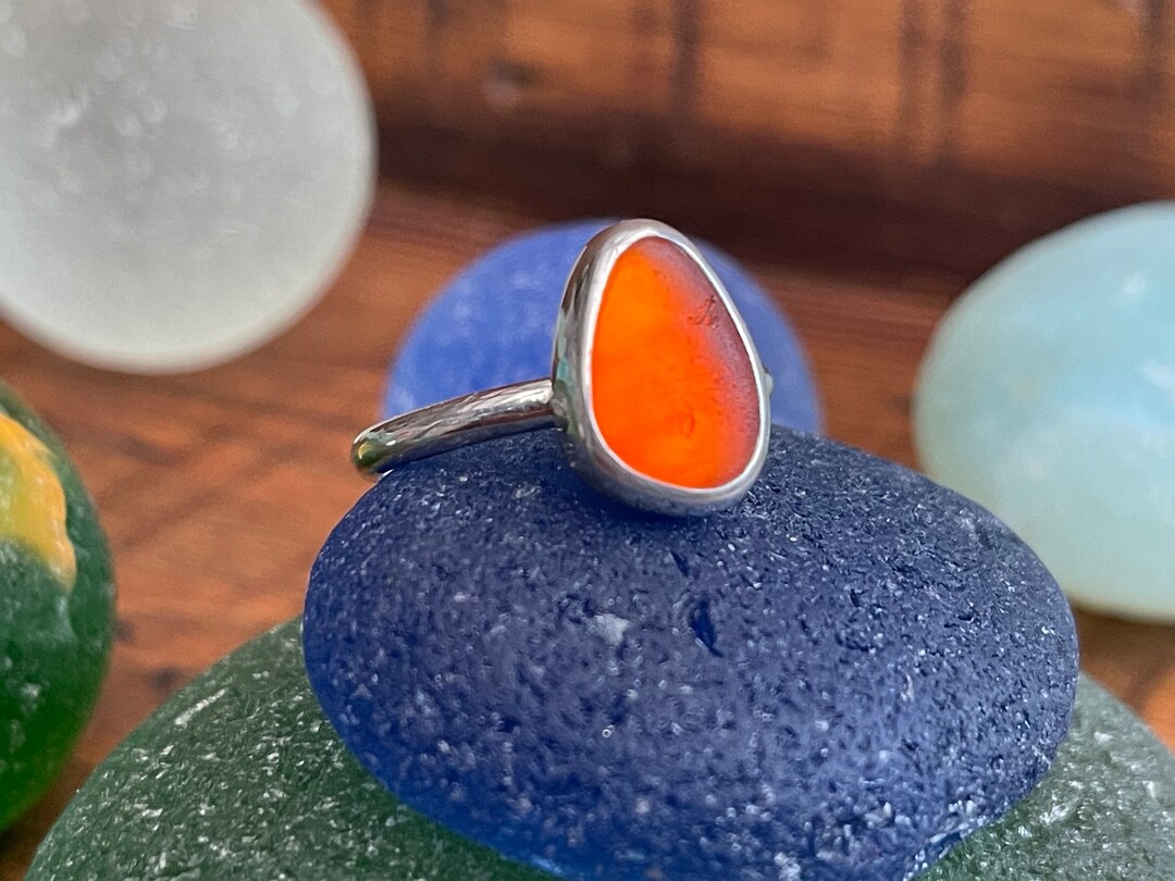 Orange Sea Glass Ring, Seaham Sea Glass, Silver Ring, Sea Glass ...