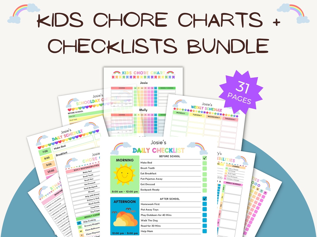 Fun and Colorful Kids Chore Charts Checklists Bundle Printable ...