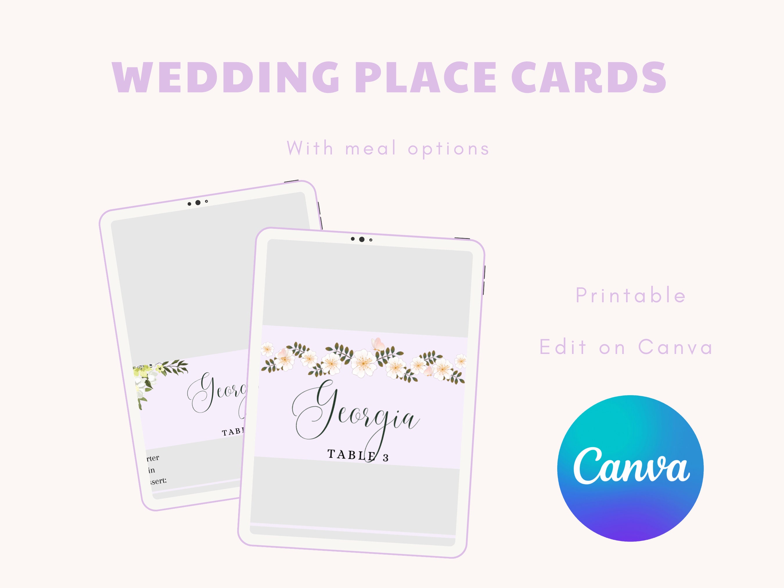 Editable Wedding Place Cards Template With Meal Option - Etsy