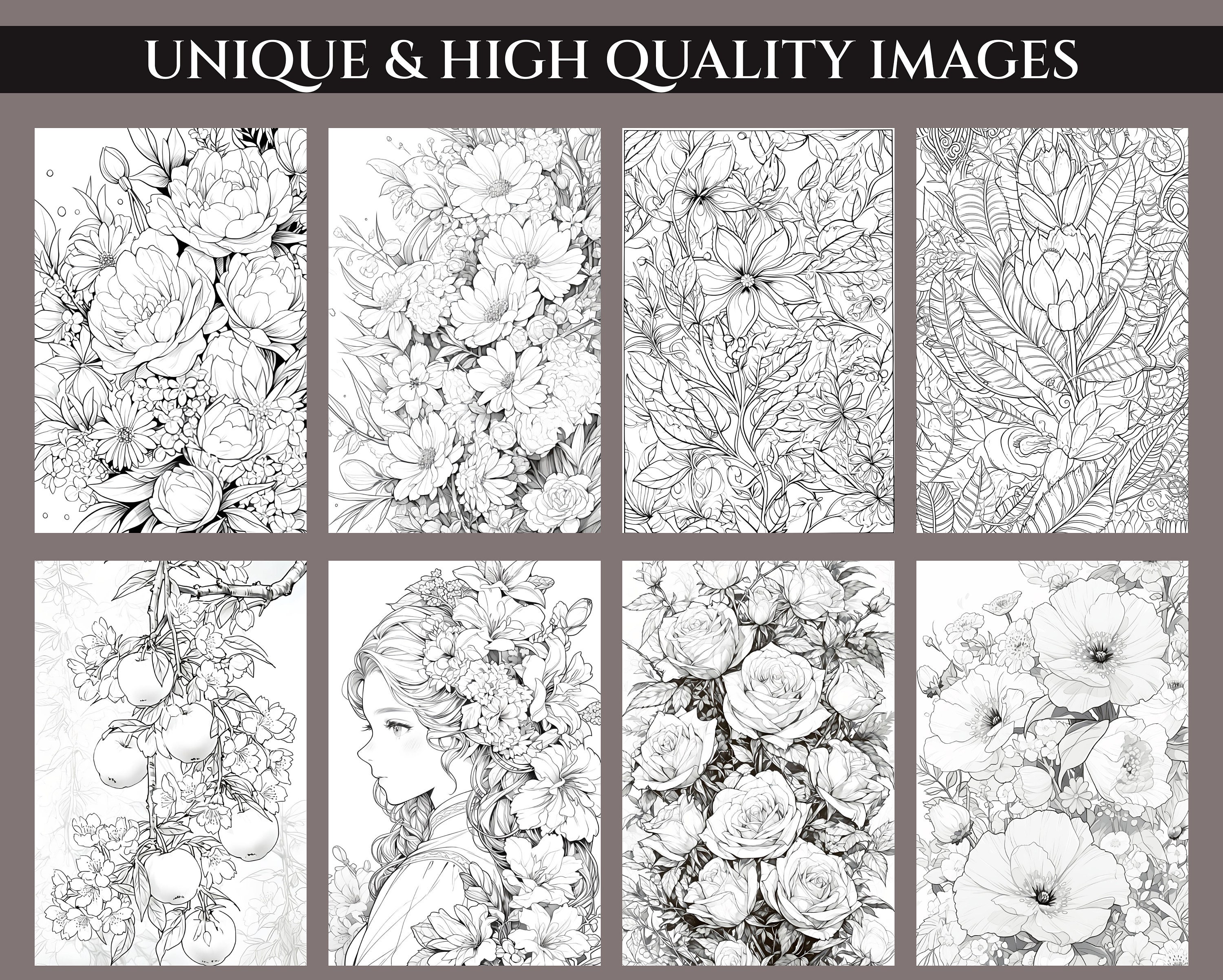 100+ Flowers Coloring Pages for Adults Printable Book Art, Coloring ...