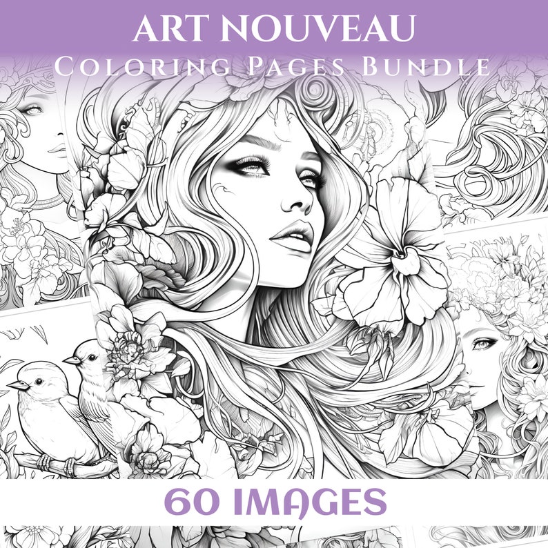 60 Art Nouveau Coloring Pages for Adults Flowers Butterflies Birds ...