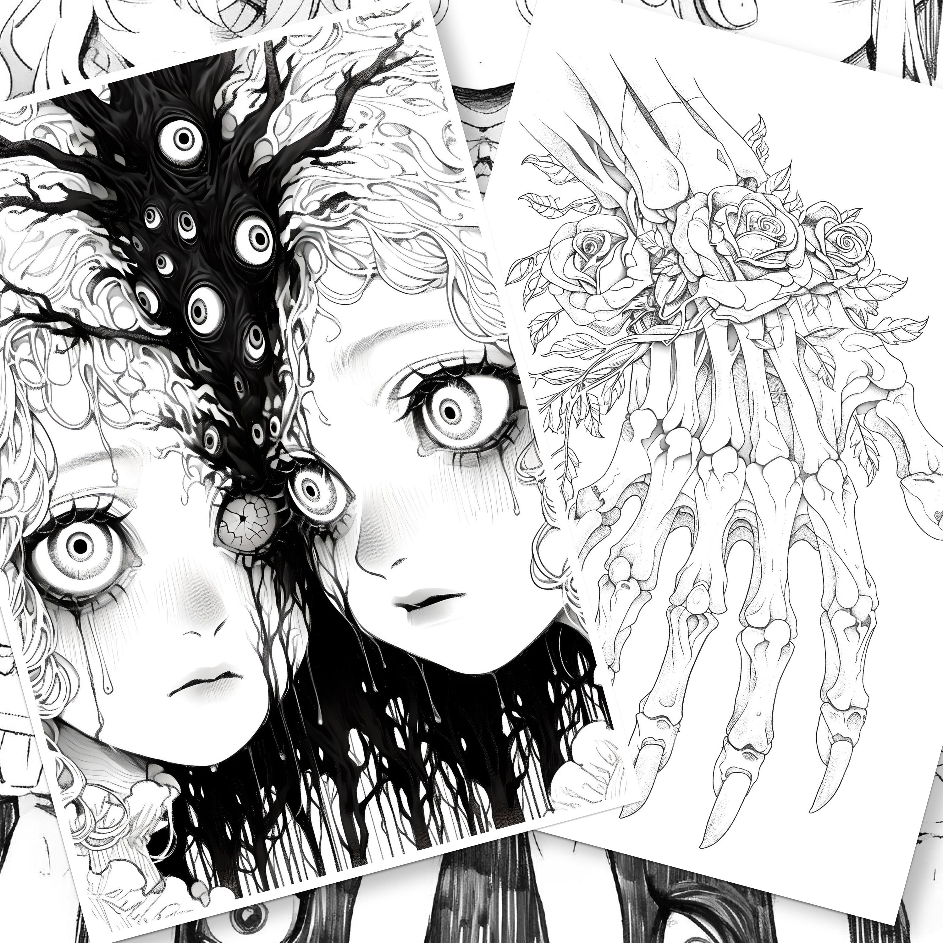 60+ Horror Anime Coloring Pages | Printable Book Art, Grayscale ...