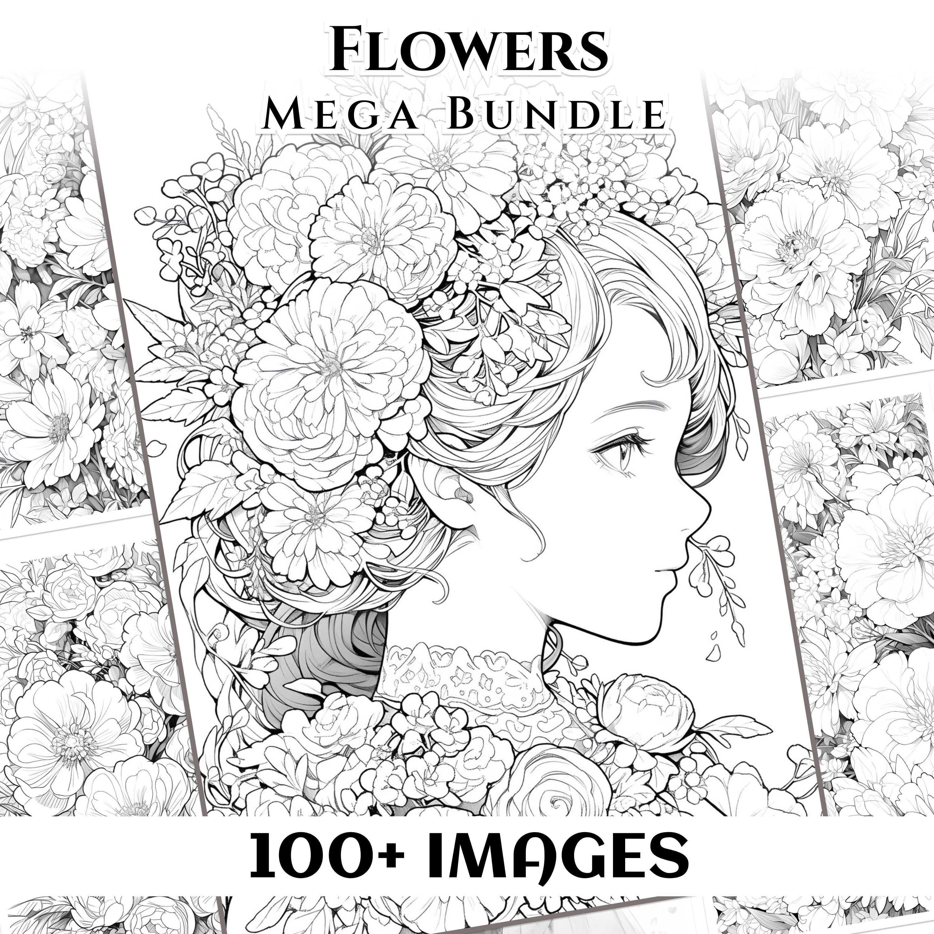 100+ Flowers Coloring Pages for Adults Printable Book Art, Coloring ...