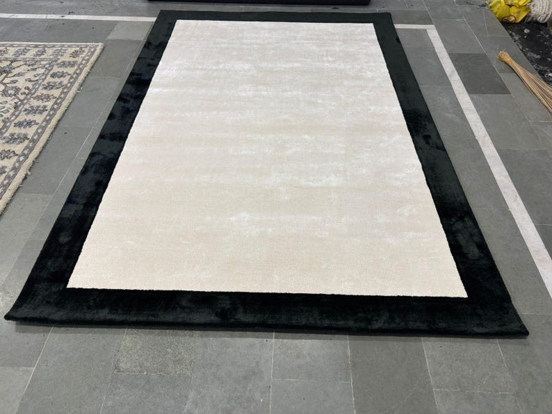 Modern Minimalist Black Border Rug • Cream Area Carpet • Custom Size ...