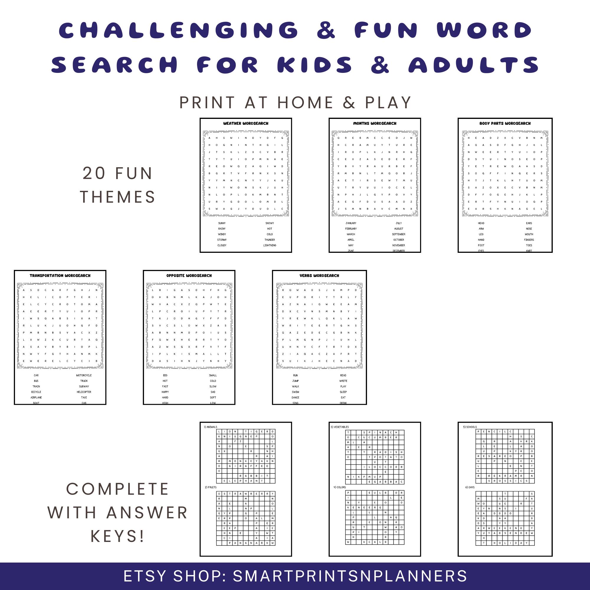20 Fun Word Search Puzzles for Kids | Medium Level + Answer Key ...