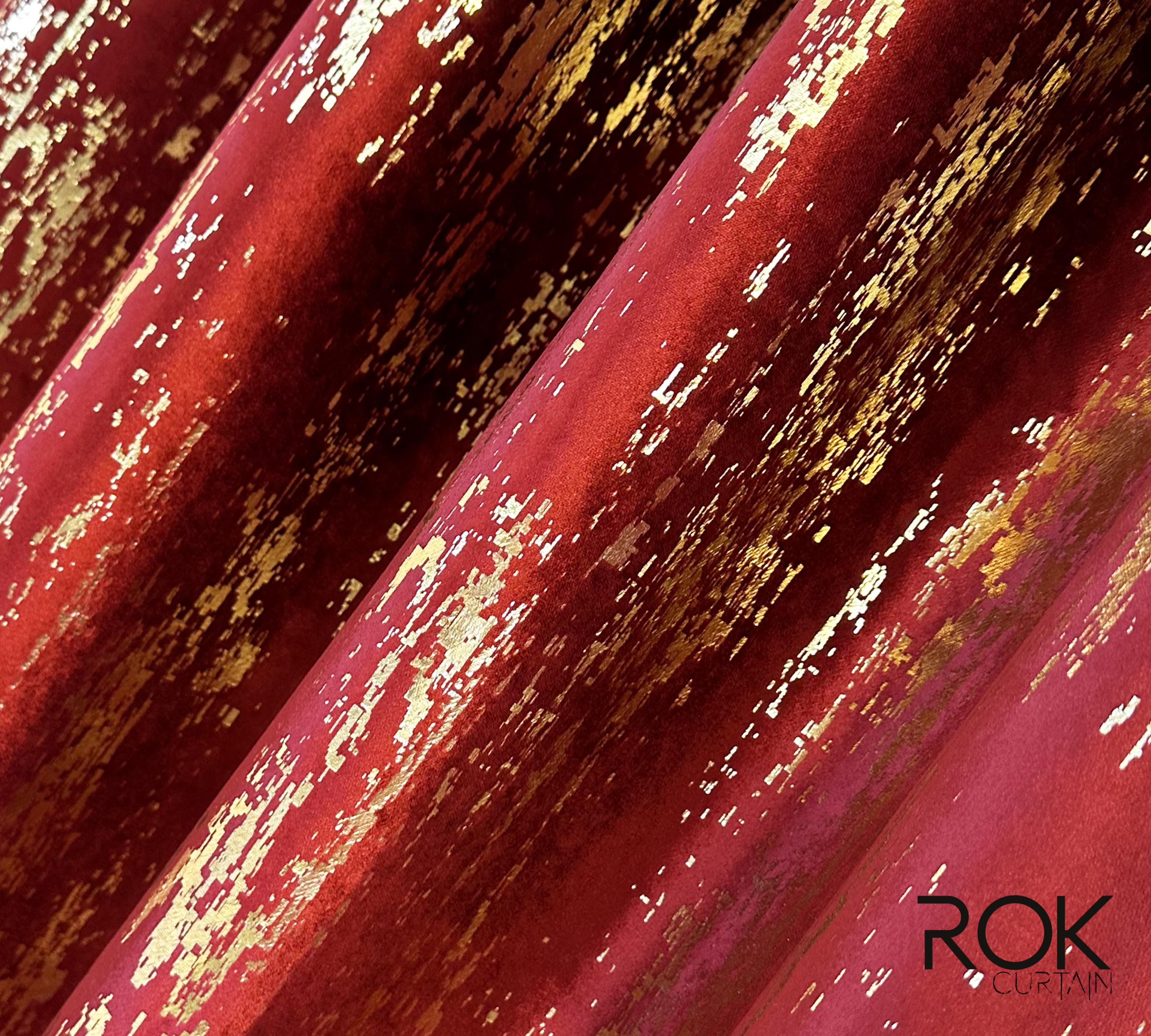 Red Velvet Curtains With Gold Print, Custom Long Velvet Drapes, Story ...