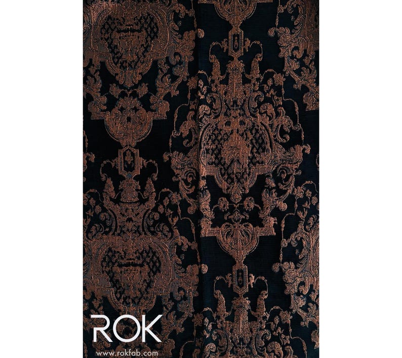 Luxury Baroque Chenille Curtain Fabric, Navy Blue and Copper Jacquard ...