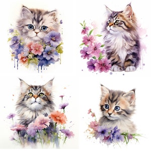 Watercolor Kittens in Flowers Clipart, Cats Clip Art, Cat Jpg, Kitties ...