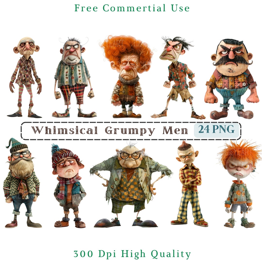 Whimsical Grumpy Men Clipart, Mixed Media Quirky Mad Man CU Clip Art ...