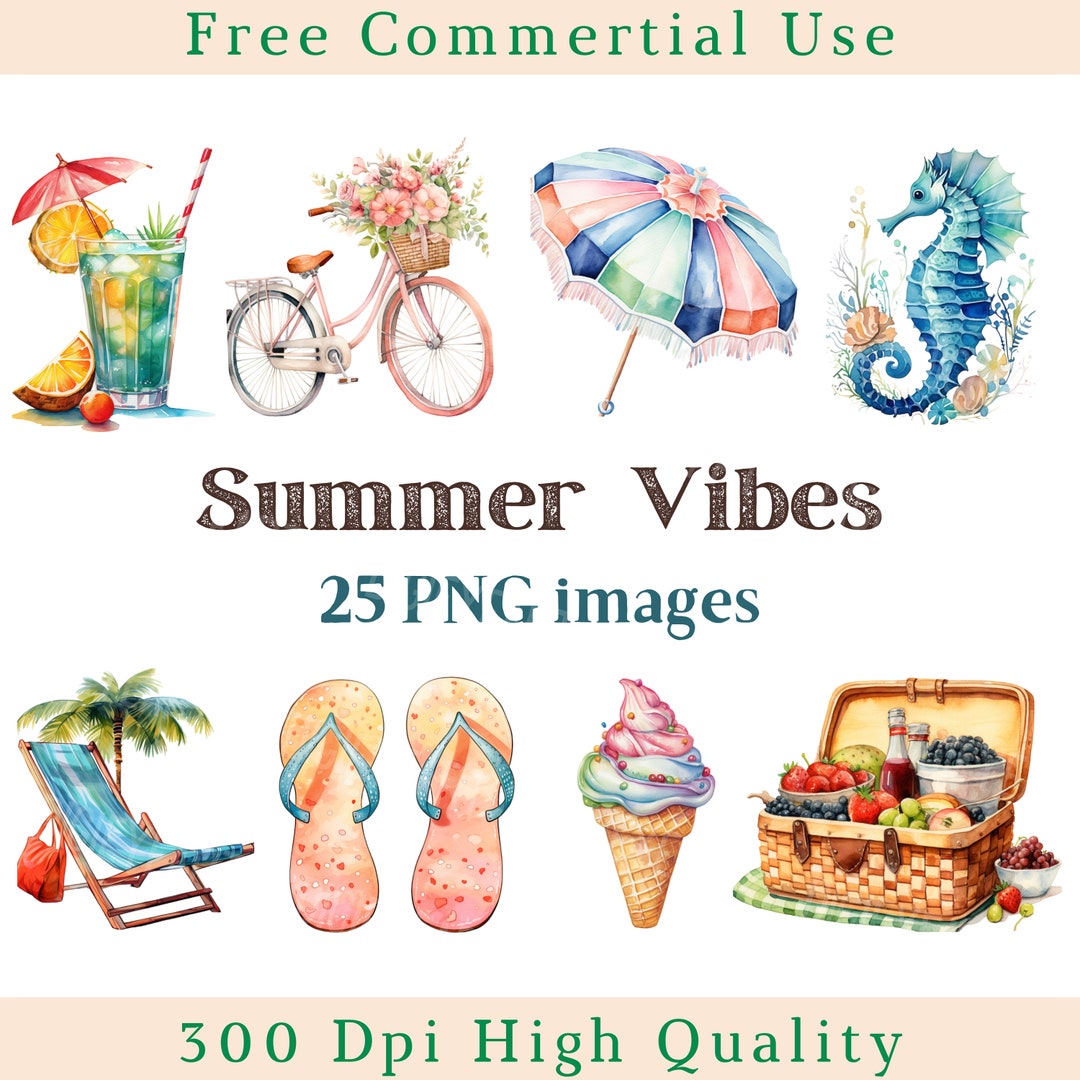 Watercolor Summer Vibes Clipart Summer Clip Art Summer Sea - Etsy