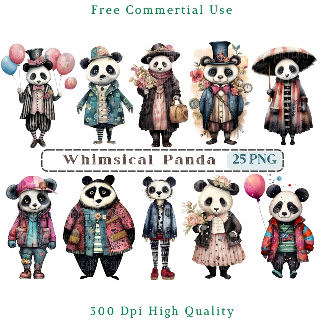 Whimsical Panda Clipart, Quirky Panda CU Clip Art, Mixed Media Panda ...